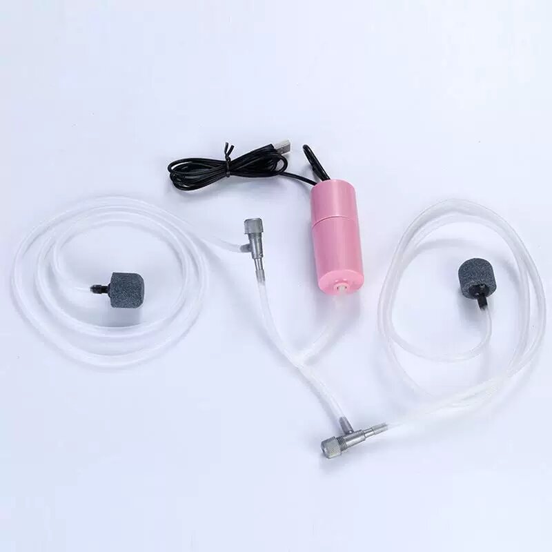 Мини-USB аквариумный насос для аэрации, розовый, низкая подача воздуха, два шланга и два камня