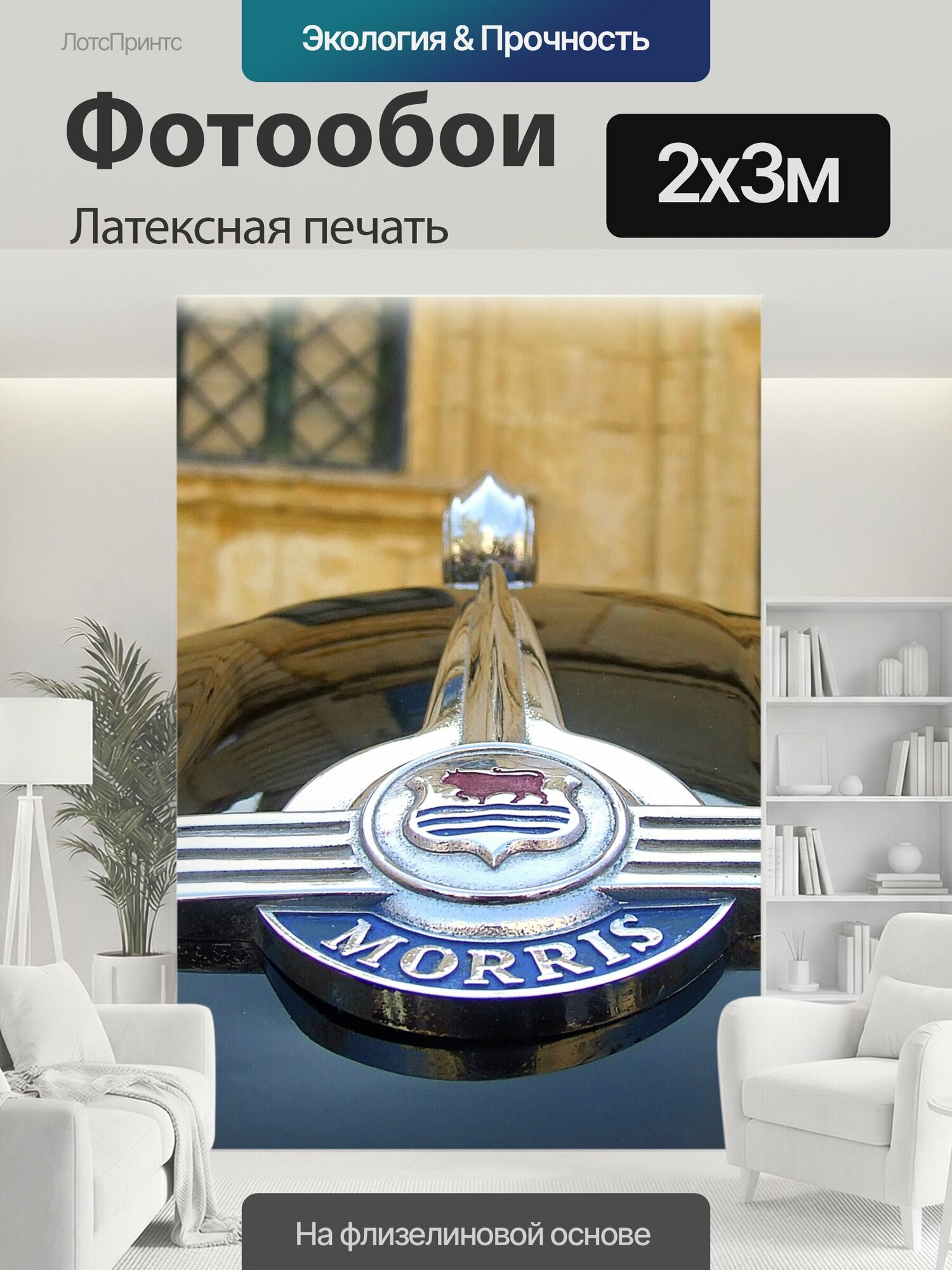 Фотообои моющиеся ударопрочные "Моррис Малой 1000 Капот / капот и значок на винтаж Моррис Малой 1000 Моррис несовершеннолетним Моррис автомобиль." 200x300 см. латексная печать