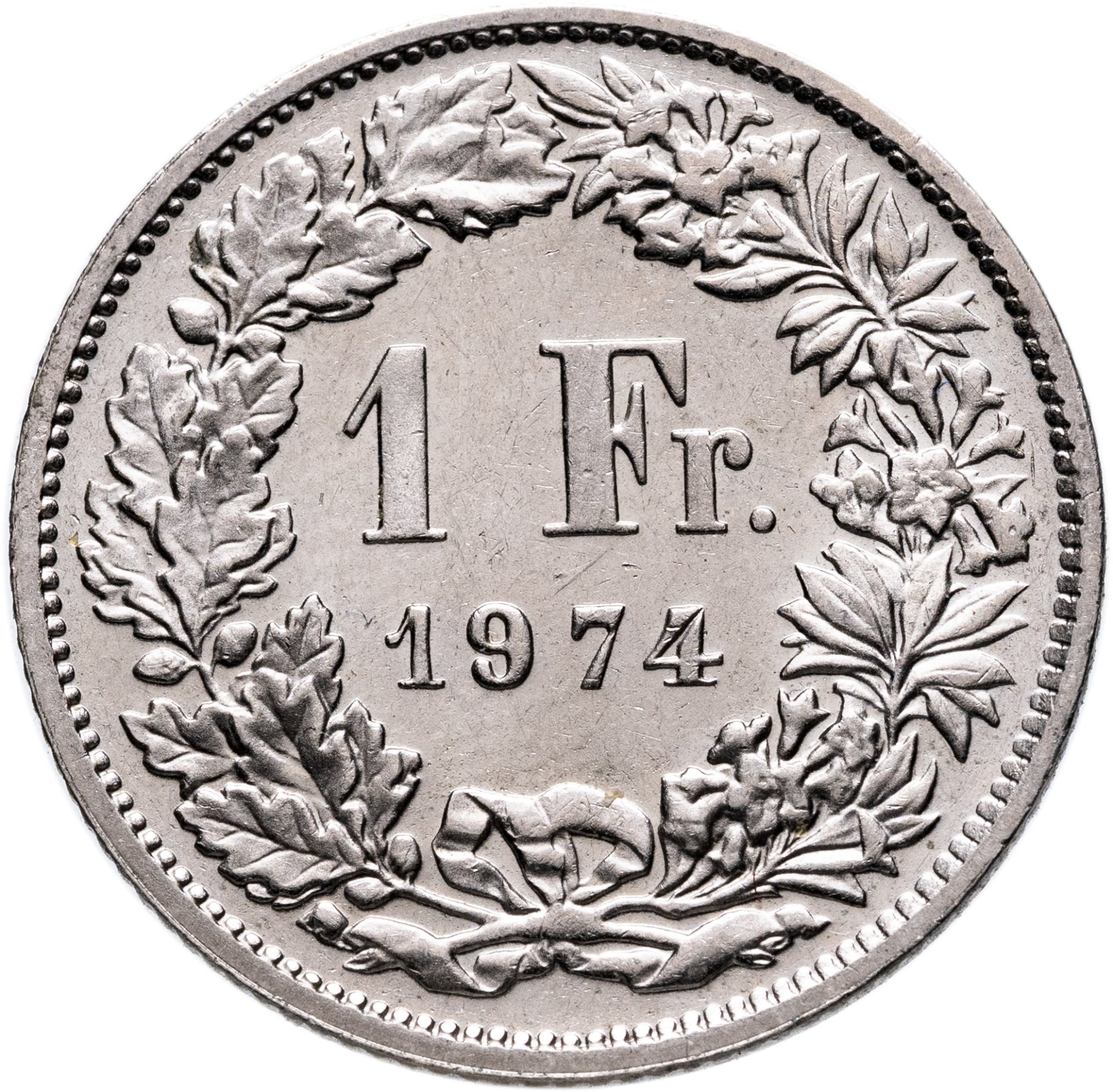 Швейцария 1 франк franc 1974, Мельхиор медь-никель, в сохранности AU-UNC