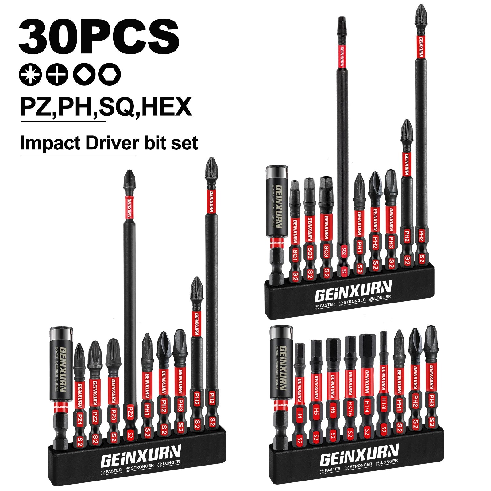 Набор ударных бит Geinxurn 30PCS PZ, PH, SQ, HEX
