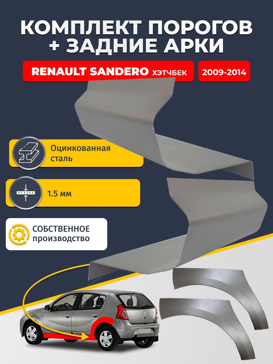 Комплект задних ремонтных арок 0.8 мм и комплект порогов 1.5 мм для Renault Sandero 2009-2014 хэтчбек 5 дв (Рено Сандеро). Оцинкованная сталь. Кузовной ремонт.