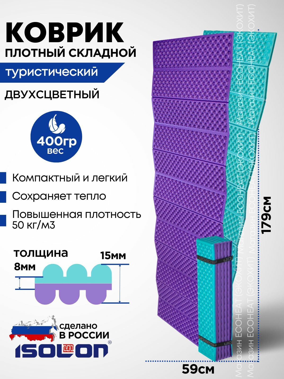 Коврик туристический складной турист флекс / ISOLON / Плотный двухслойный, демпфирующий, походный, не промокает, 2 резинки в подарок, складывается в толстую сидушку