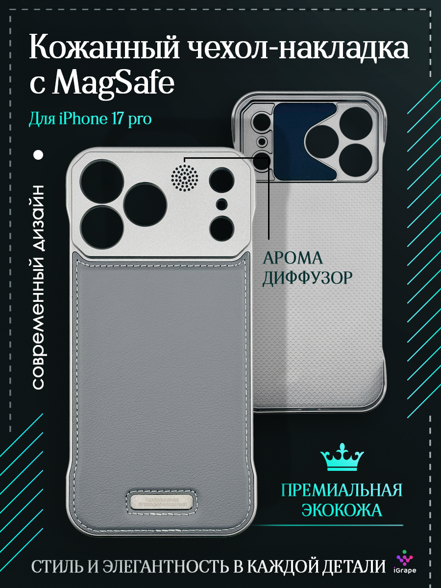 Пластиковый чехол с кожей и MagSafe для iPhone 17 Pro, iGrape (Серый)