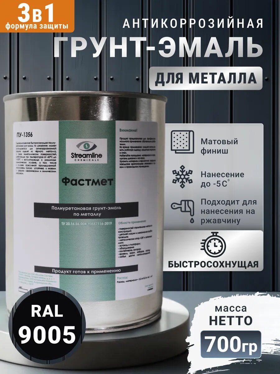 Краска Фастмет, для металла, по ржавчине, матовая, черная, 0.7 кг