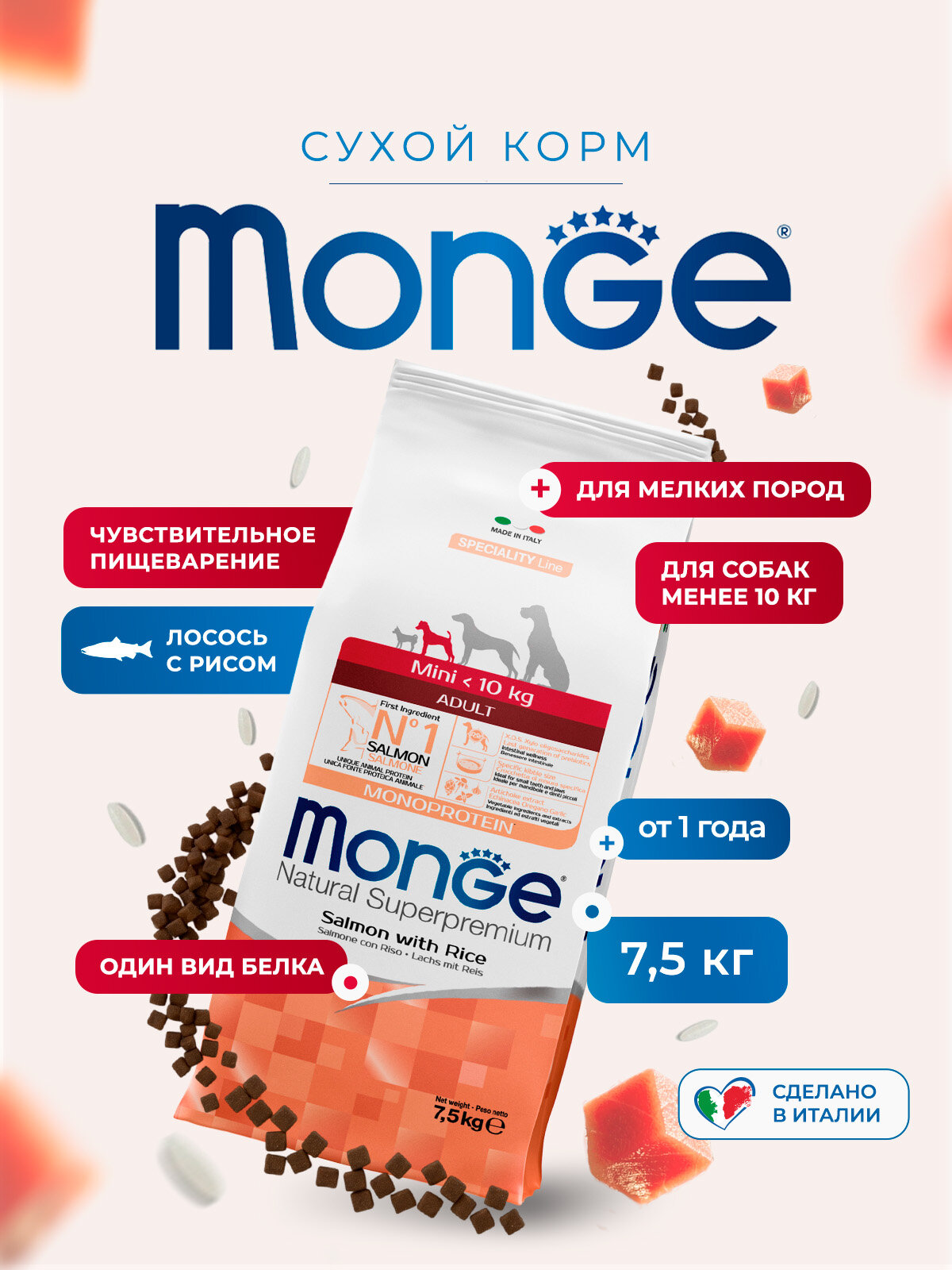 Сухой корм Monge Dog Speciality Line Monoprotein Mini, для взрослых собак мелких пород, из лосося с рисом 7,5 кг