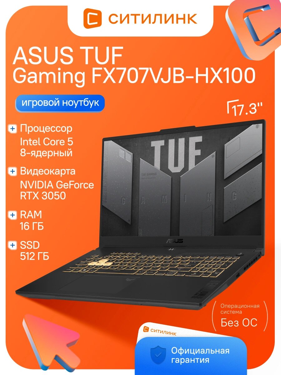 Ноутбук Asus 17.3" TUF Gaming FX707VJB-HX100 Core 5 210H/16Gb/SSD512Gb/6Gb/noOS/серый