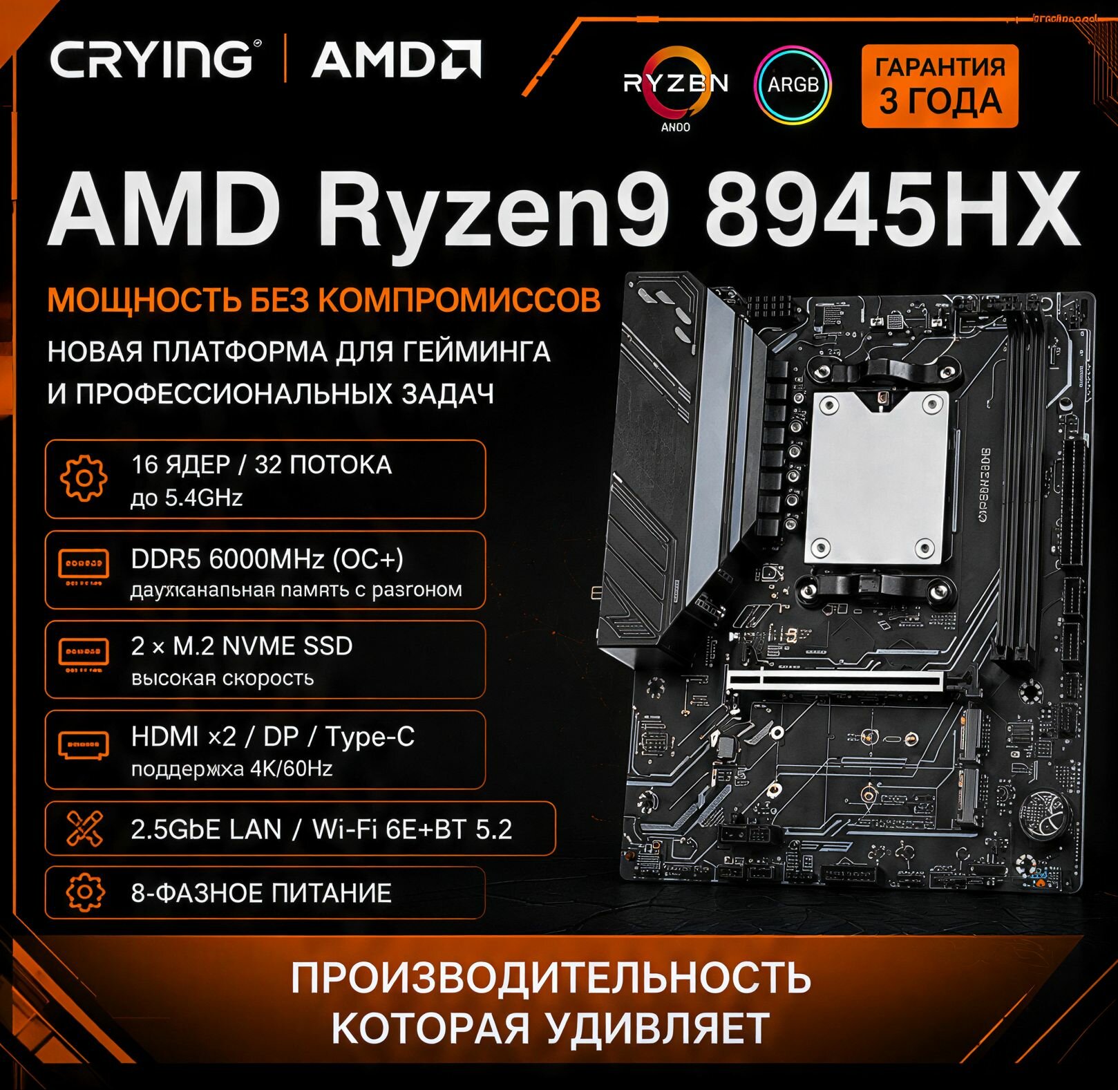 Erying ryzen 9 8945HX M-ATX Материнская плата, мини- пк
