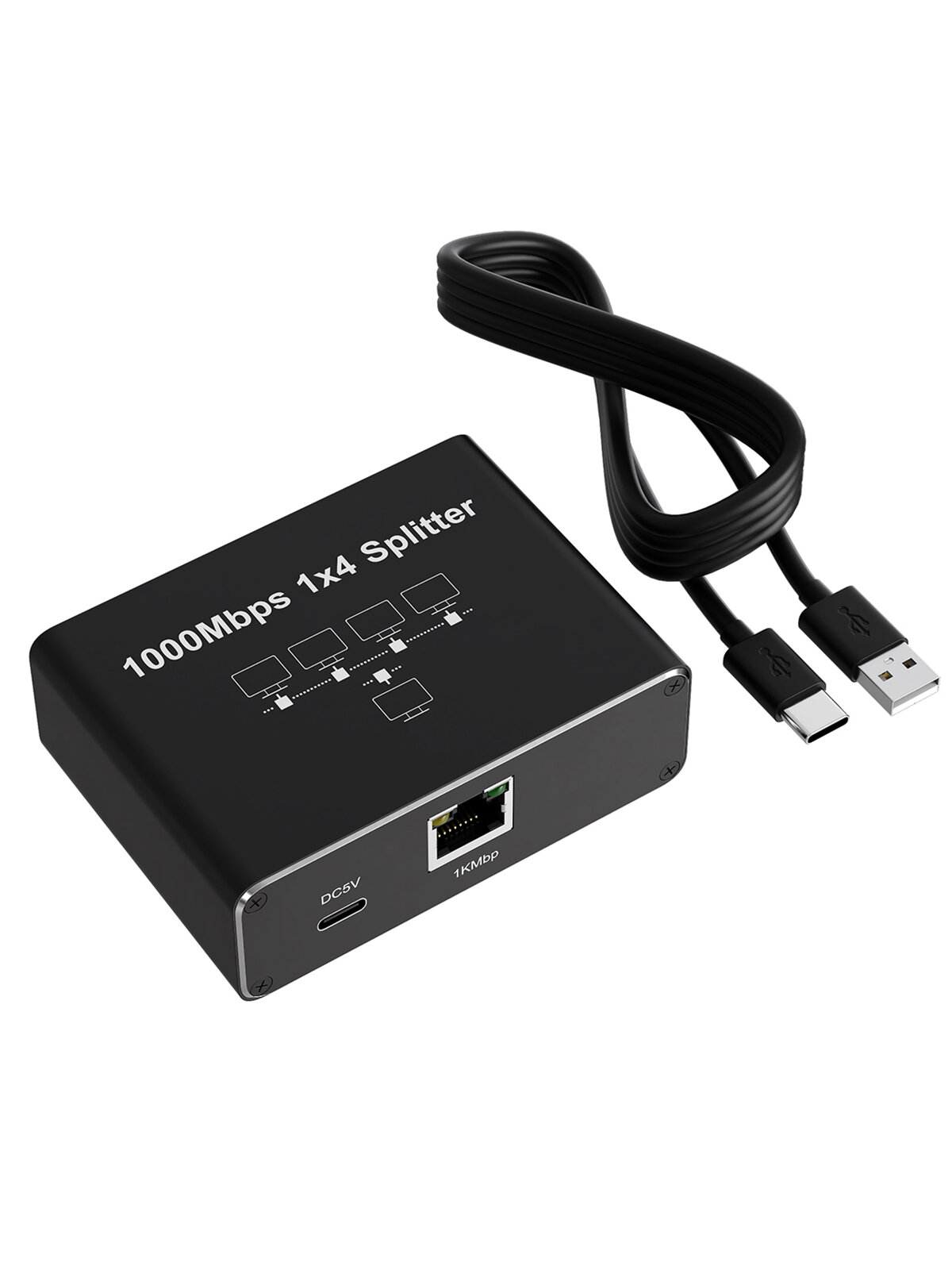 Активный разветвитель сетевого кабеля RJ45 - 4х RJ45 GSMIN RA-07 сплиттер интернет для LAN кабеля, Type-C 1000 Мбит/с (Черный)