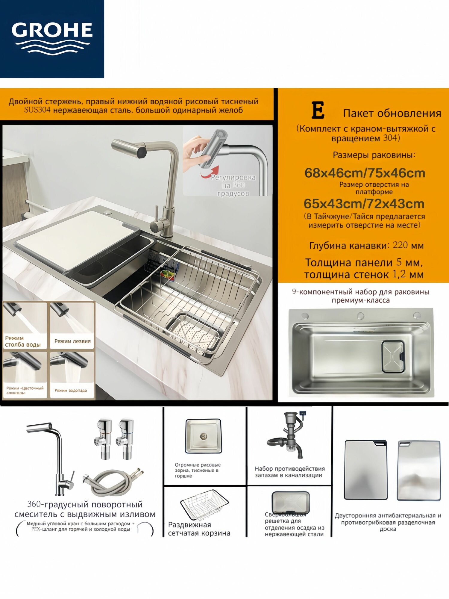 Кухонная мойка GROHE 304: большая одночашевая модель, многофункциональная, с текстурированной поверхностью.