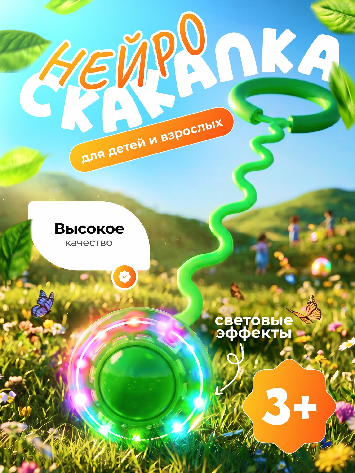 Нейроскакалка змейка детская, скакалка на одну ногу светящаяся зеленая