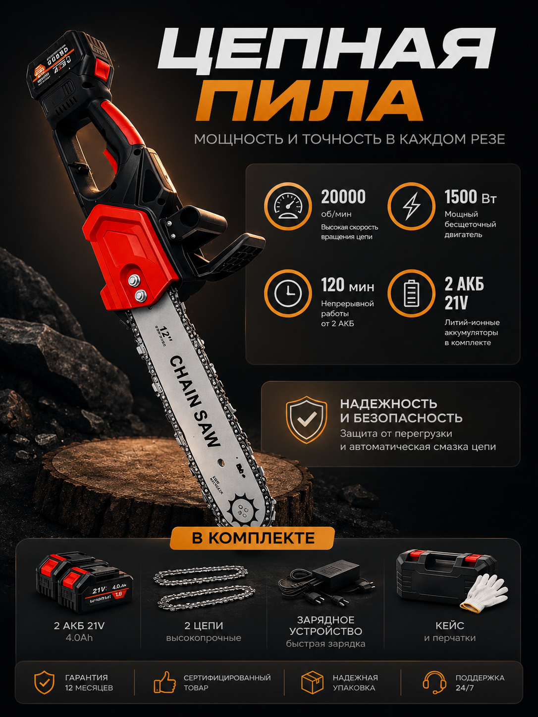 Пила аккумуляторная бесщеточная цепная,12" шина, мощность 1500 Вт