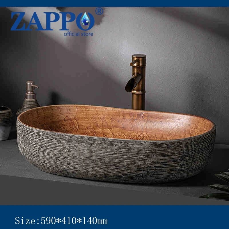 Винтажная художественная чаша для раковины ZAPPO. Ретро керамическая надсвесная раковина с антикварным древесным узором. Раковина для ванной комнаты для дома и балкона.
