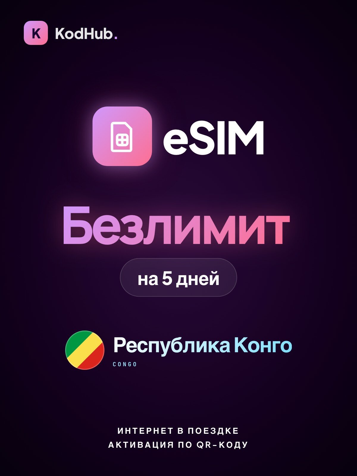 Туристическая eSIM Республика Конго безлимит на 5 дней | интернет в поездке, связь за границей | QR-код активации