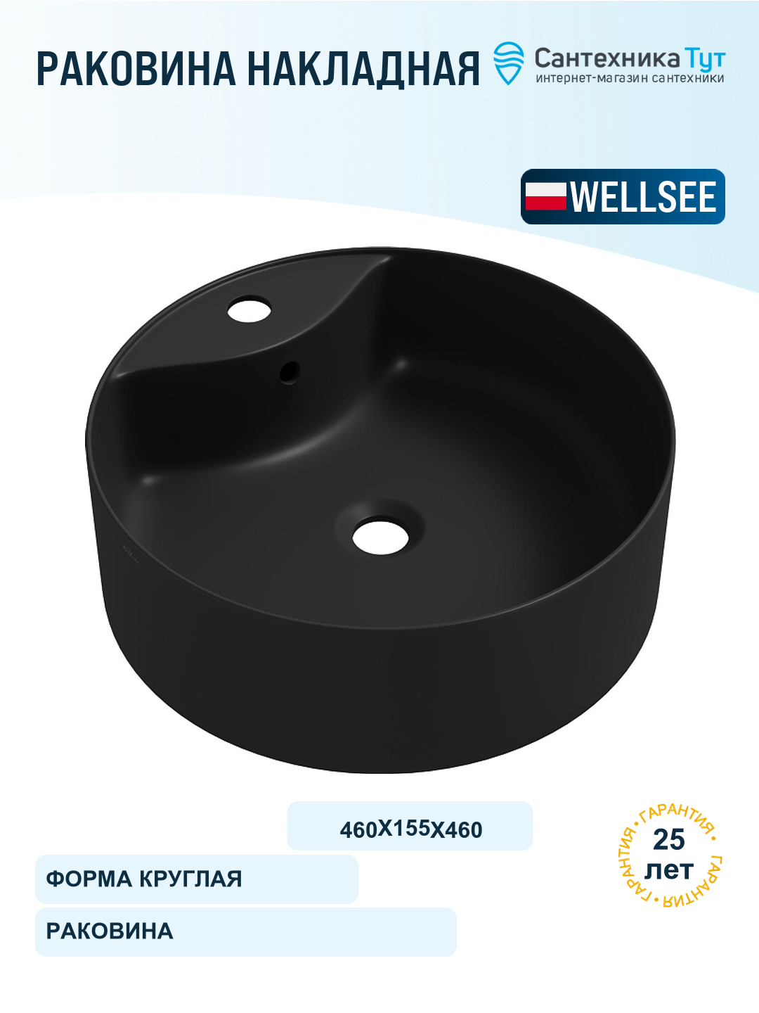 Раковина Wellsee Praxis 46 32940700S цвет Черный матовый