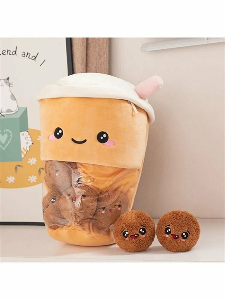 Детский подарок ко дню рождения: плюшевая игрушка-подушка "Squishmallow" в виде чашки боба для Bubble Tea, коричневая.