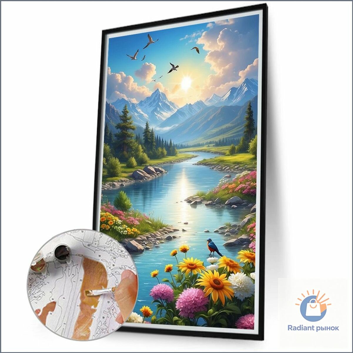 Цифровая картина Горы и река на холсте 40 70 см, без рамки