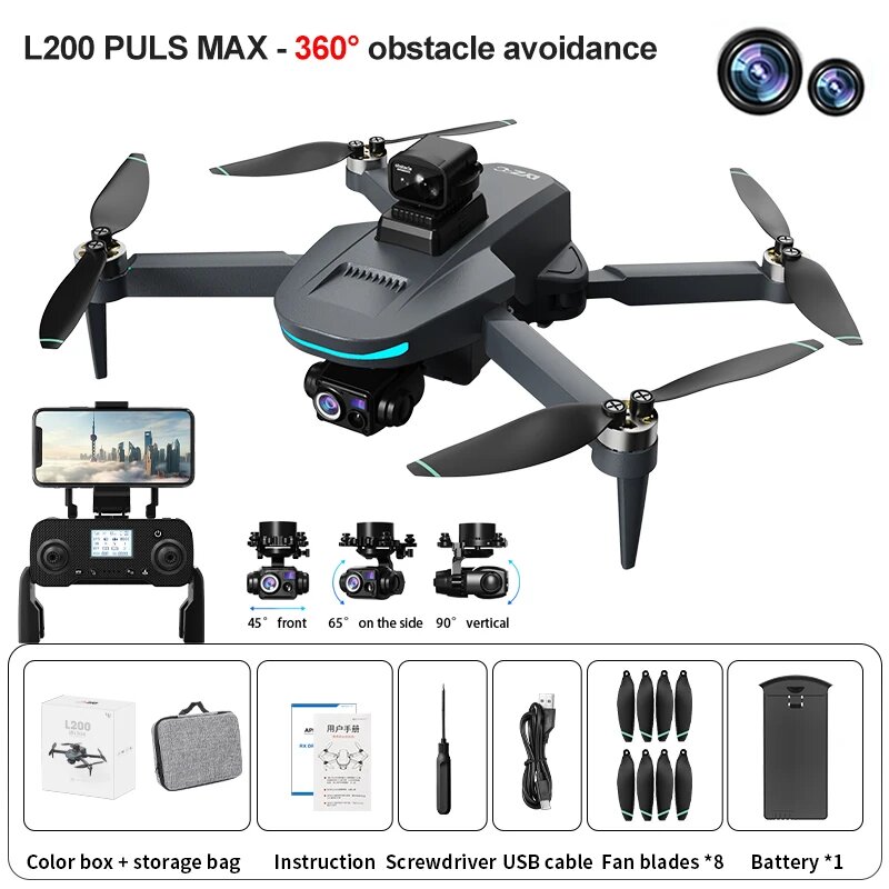 Летательный аппарат L200 PLUS GPS Drone 5G WIFI Professional 8K с 3-осевым гимбалом, бесколлекторным двигателем, системой обхода препятствий, высококачественной двойной камерой для безопасности (игрушка)