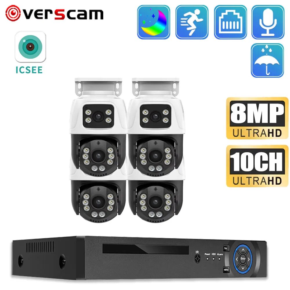 4K 8MP двухлинзовая POE PTZ наружная система безопасности с двусторонним аудио, ночным видением, 10-канальным 4K NVR-комплектом и детекцией движения (ICsee/XMeye)