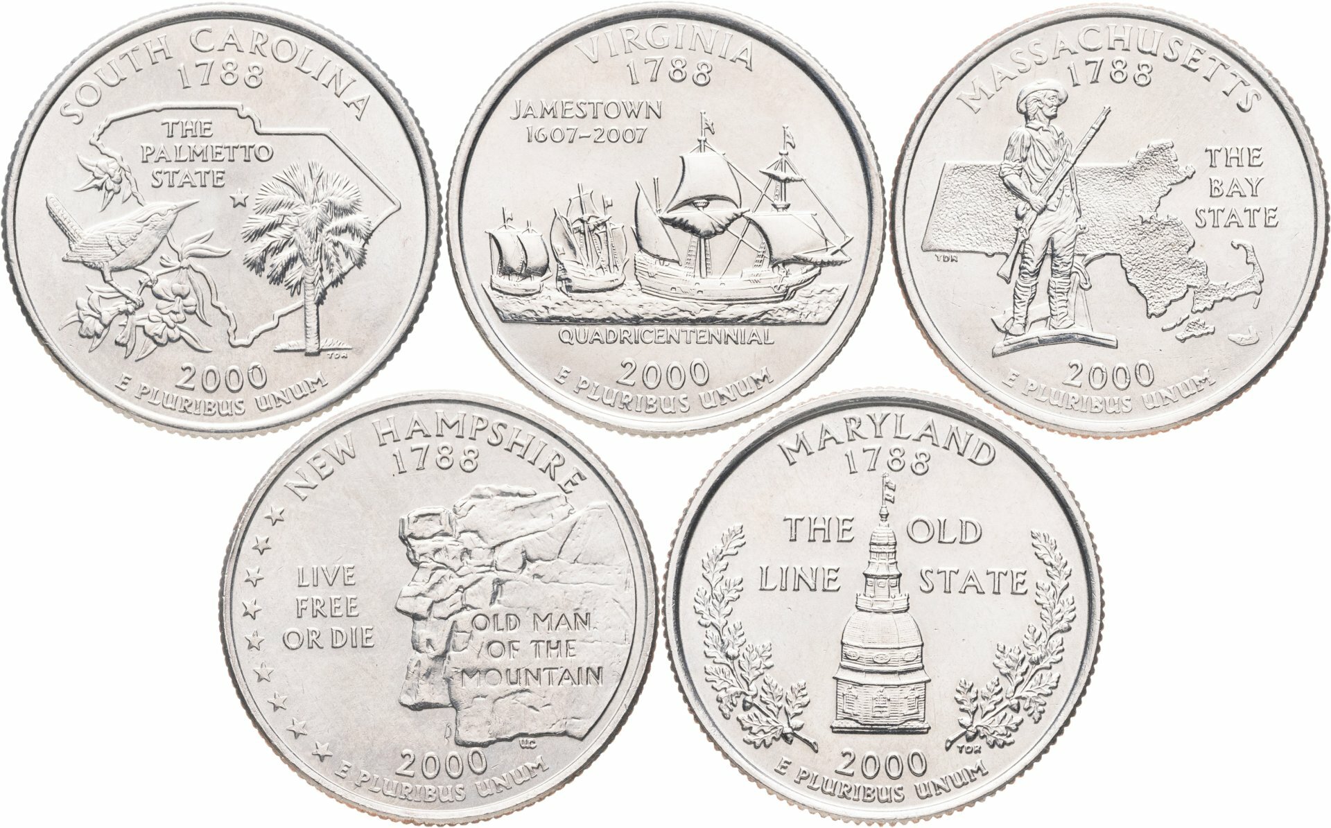 США годовой набор квотеров 25 центов 2000 "Штаты и Территории" 5 монет, Медь, покрытая медно-никелевым сплавом, в сохранности AU-UNC