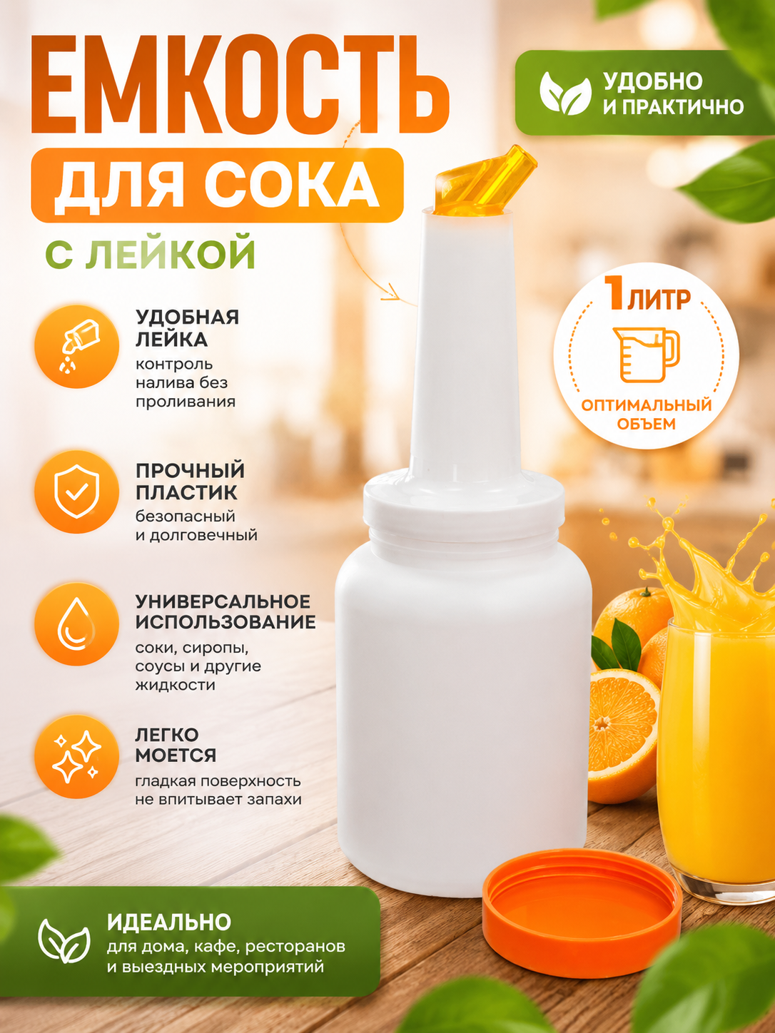 Дозатор, емкость 1 л, с лейкой барная для сока, молочных коктейлей, напитков. Поликарбонат