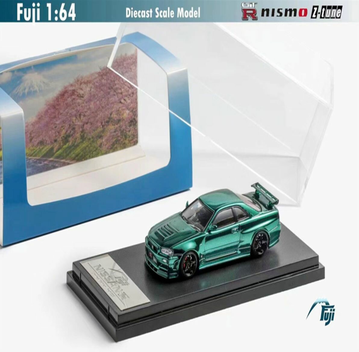 Коллекционная машинка Fuji 1:64 Nissan Skyline R34 GT-R Nismo Z-Tune Chrome Carbon Green
