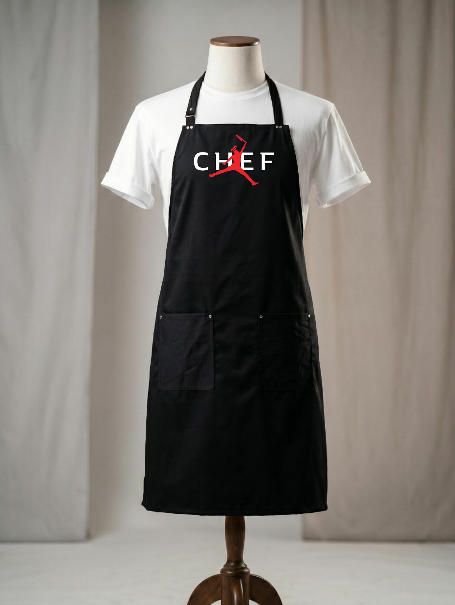 Фартук рабочий поварской черный с логотипом CHEF и с карманами по бокам