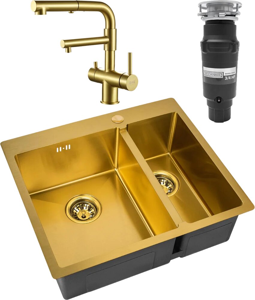 Комплект Мойка Zorg Inox PVD SZR-59-2-51-L BRONZE 59x51, bronze, нержавеющая сталь / Смеситель Sanitary SZR-3216 Bronze с выдвижным изливом, матовая бронза, бронза / Измельчитель Bone Crusher BC 910-S