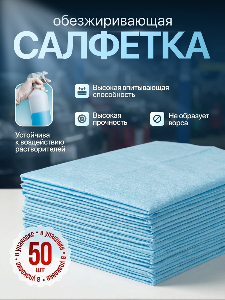 Универсальные салфетки для обезжиривания поверхности, для авто и уборки, 28x35см, нетканные, синие, 50 шт в упаковке