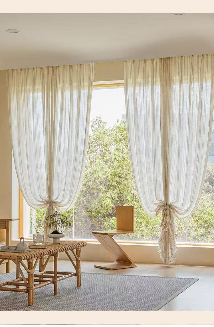Полиэстер, лен, полосатая тюль, винтажная прозрачная штора, W250*H270 см, с крючками, бежевый，2pcs