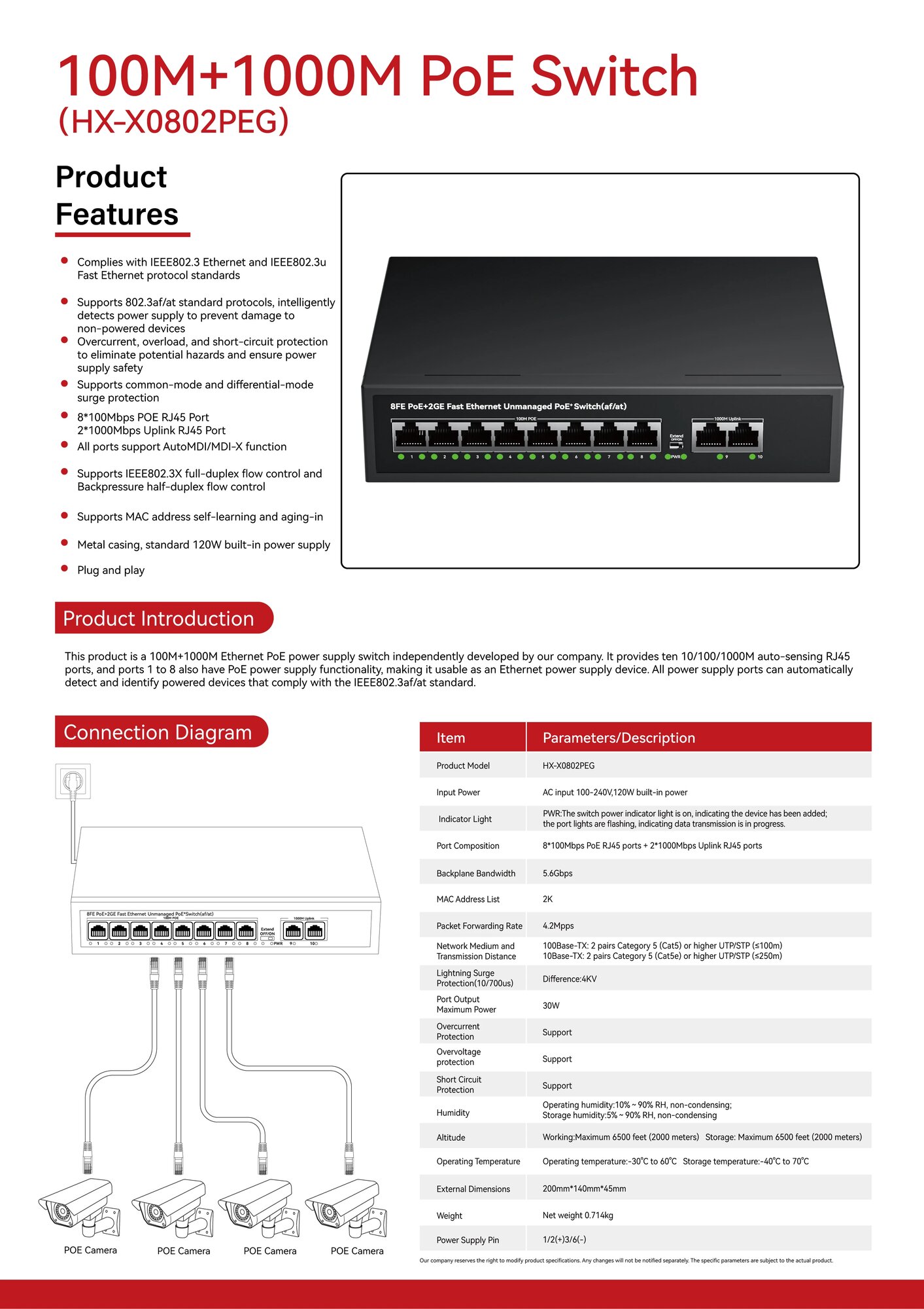 8-портовый PoE коммутатор национального стандарта HX-X0802PG