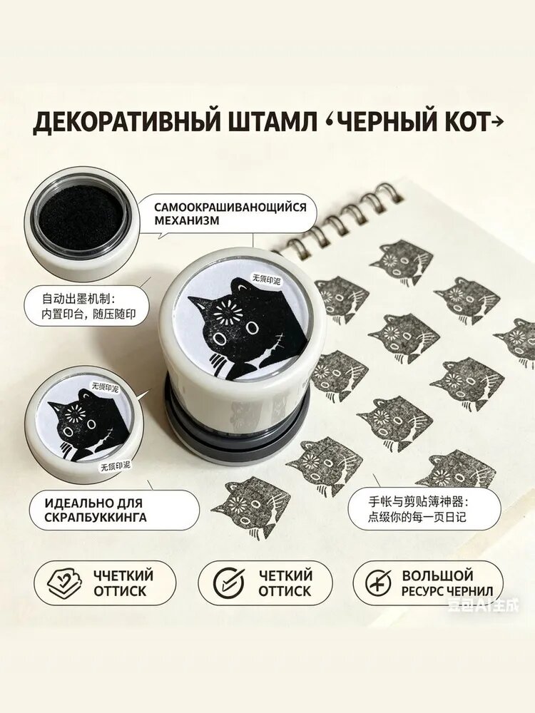 Штамп для творчества самоокрашивающийся Черный кот, декоративная печать для скрапбукинга и личного дневника, офисный штампик для детей и взрослых.