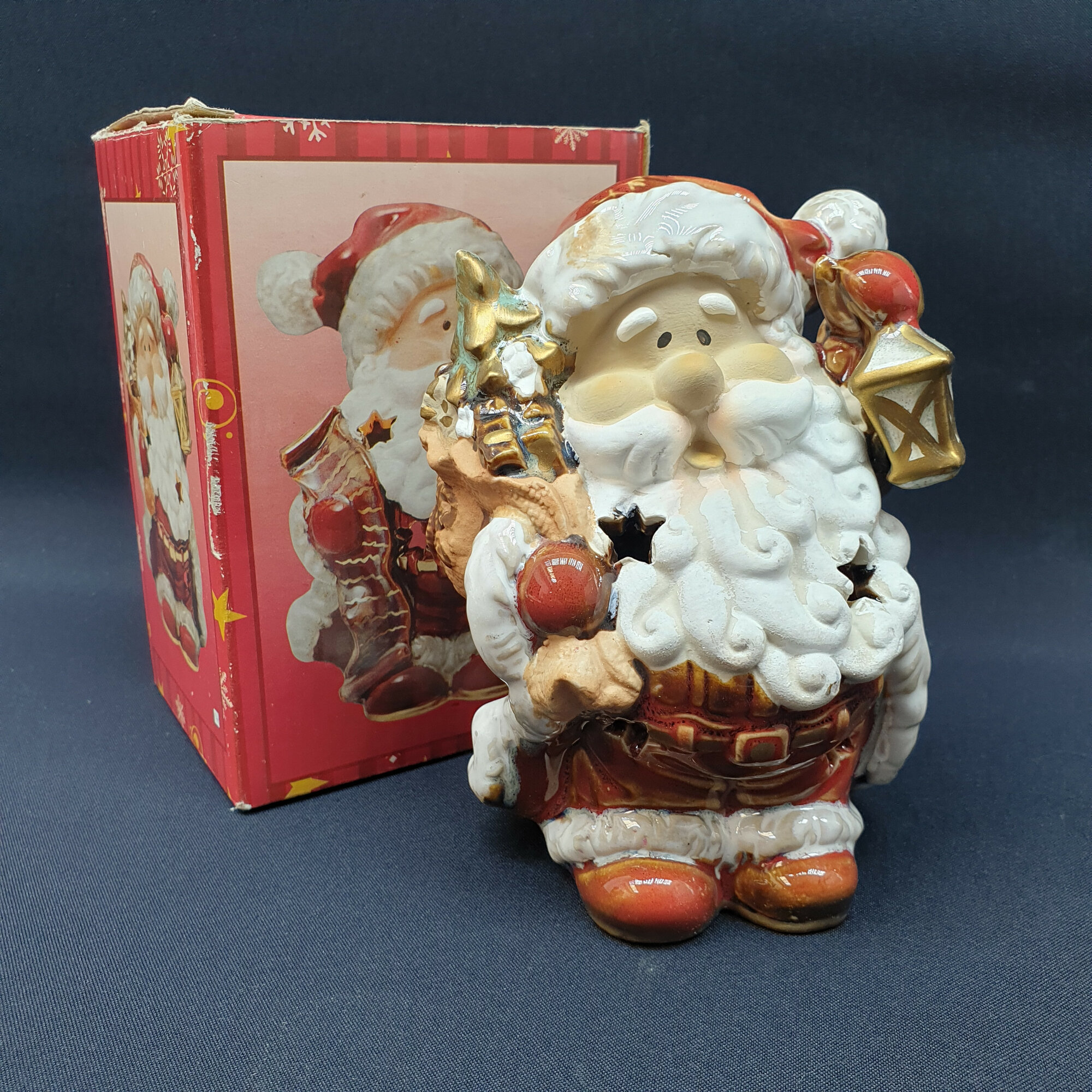Подсвечник винтажный, СССР. Керамическая фигурка Деда Мороза с фонарем, новогодний декор