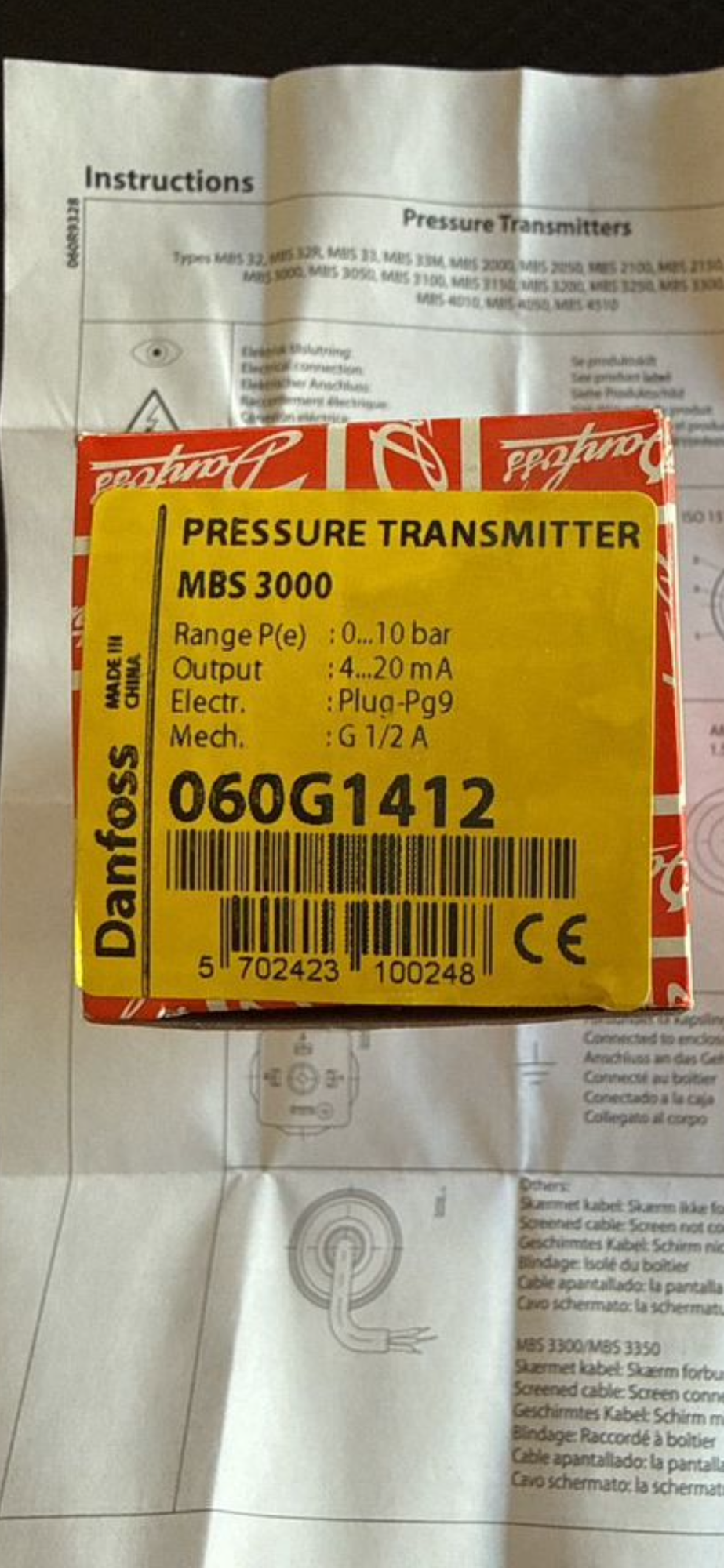 Датчик давления Danfoss MBS 3000 (0-10 бар) G 1/2" 4-20 мА (060G1412)