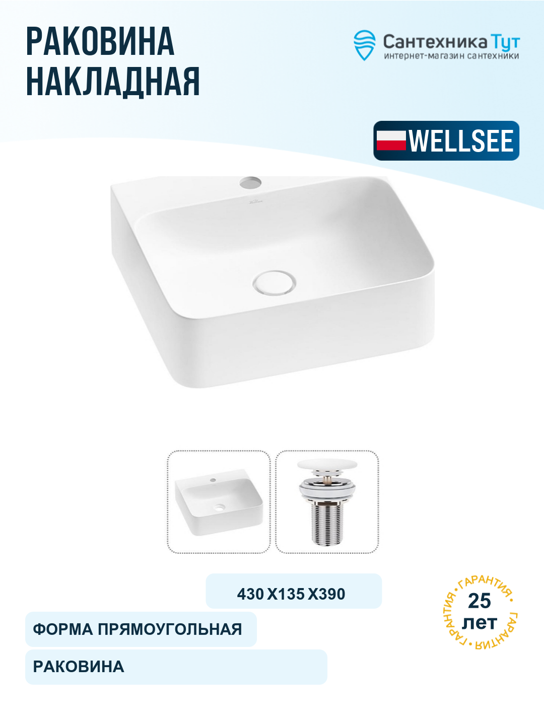 Раковина Wellsee Clermont 43 302606000 цвет Белый матовый