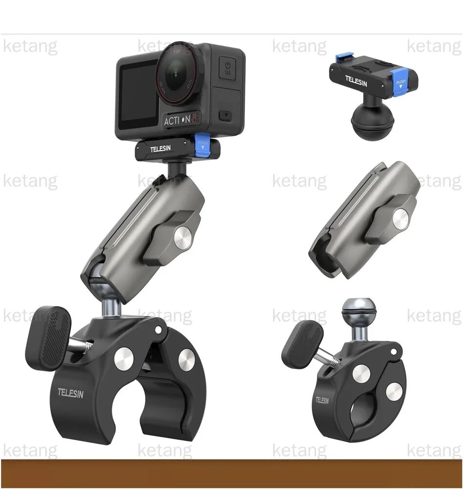 Крепление TELESIN Super Clamp Велосипедное крепление для Osmo 360/Action 5 Pro/Action 5/Action 4/Pocket 3 Магнитный зажим с двойной блокировкой Шаровая головка с поворотом на 360