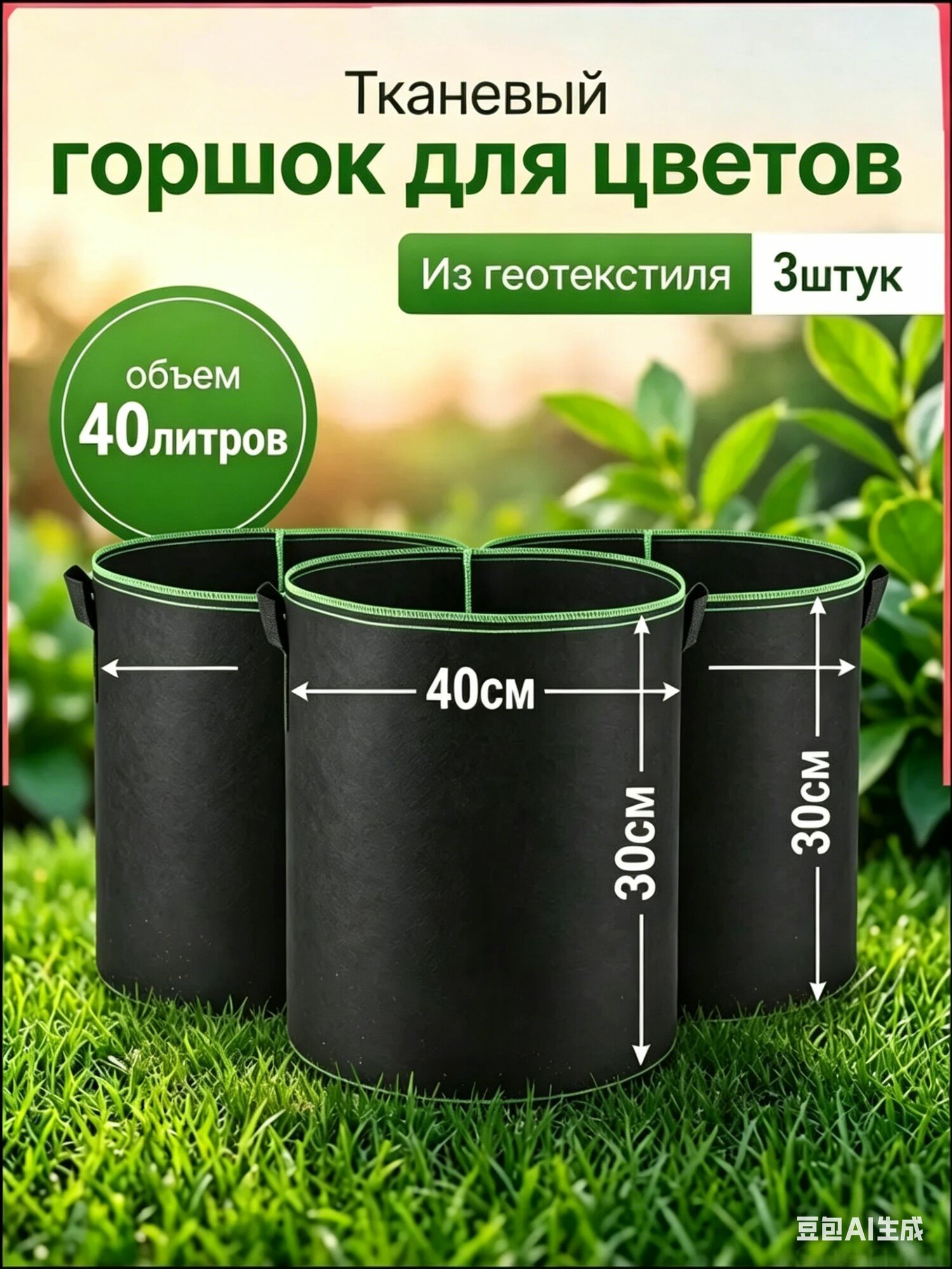 Вазон 40 л, 30 см, 3 шт, цвет черный