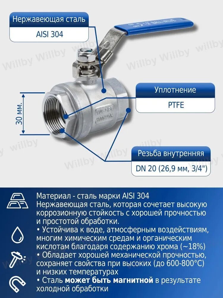 Кран шаровой 3/4" (ВР/ВР) нержавеющий AISI 304, 2 шт, макс. давление 62 бар, макс. температура 200°C — фото 1