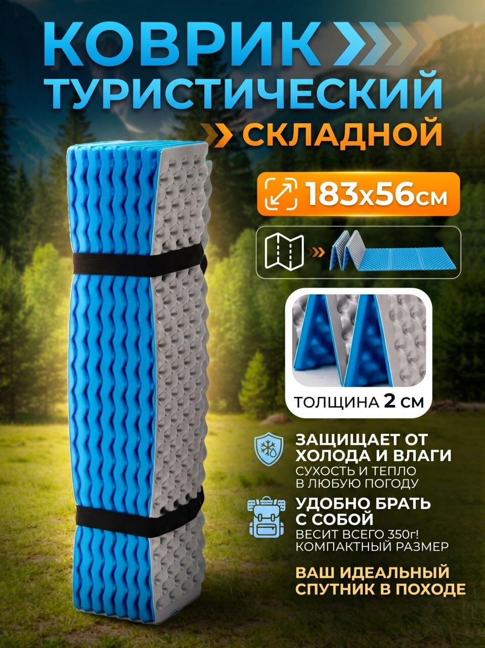 Коврик каремат пенка туристический Lafor складной, плотный, для охоты, для рыбалки голубой 183х56 см