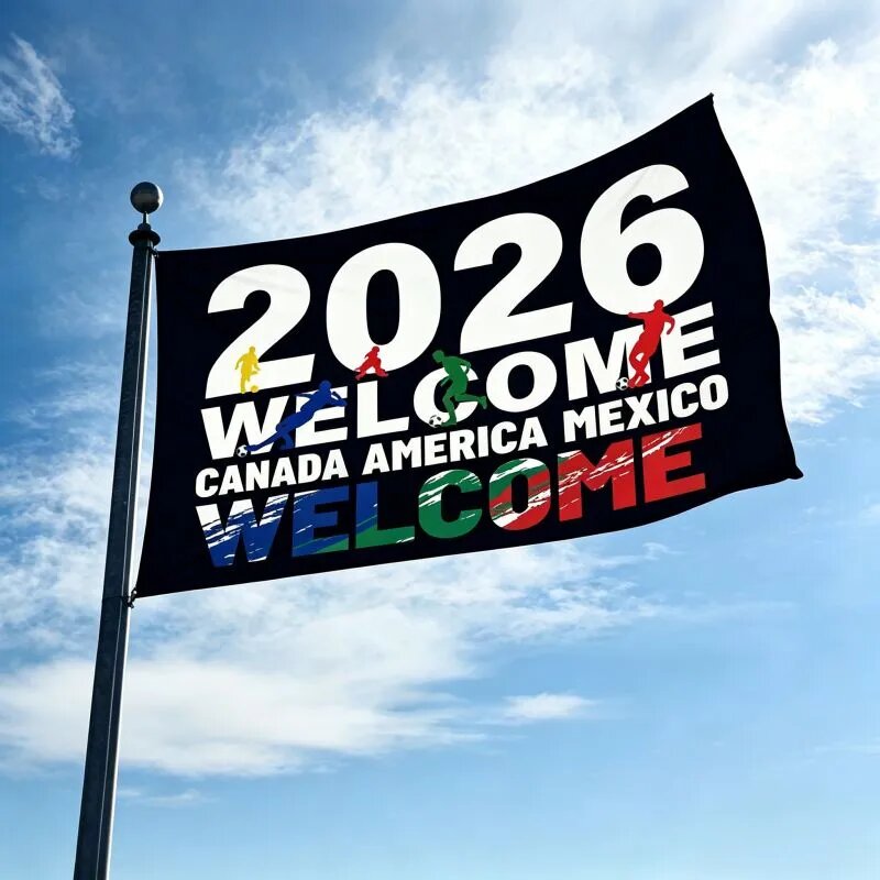 Флаг чемпионата мира по футболу 2026 США-Канада-Мексика, полиэстер, водонепроницаемый, прочный, для декора и мероприятий, яркий, долговечный