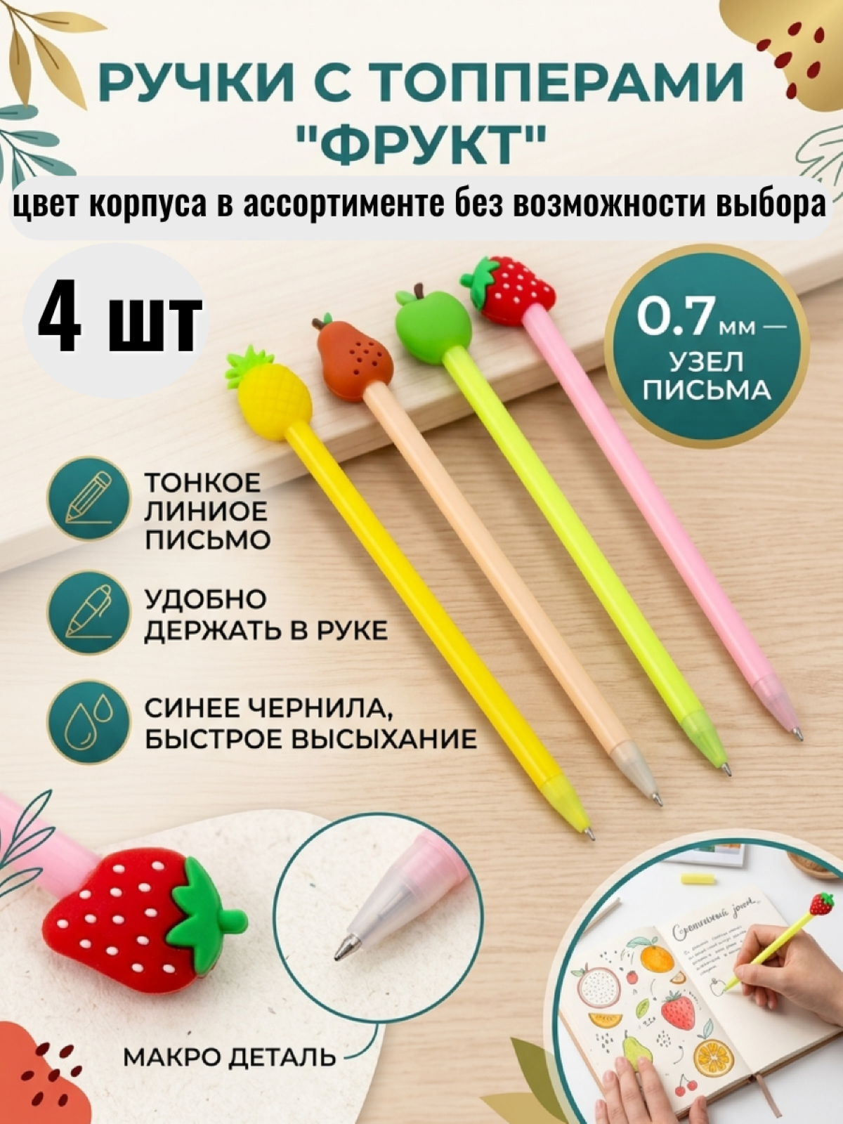 Ручки шариковые синие для школы с топпером 4 шт