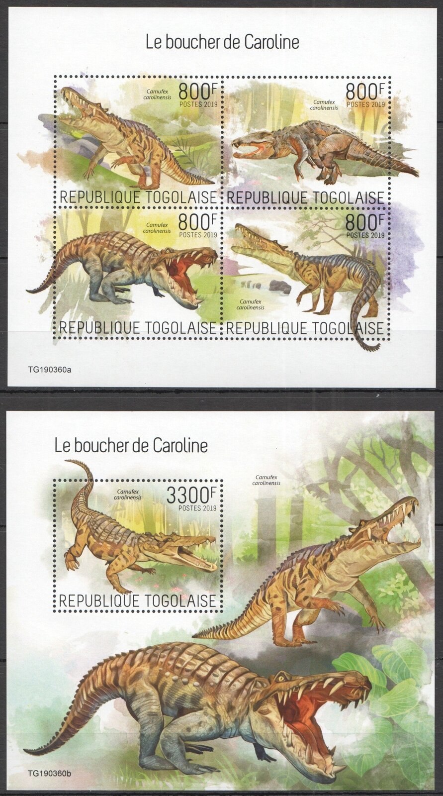 Марки 2019 год Того Динозавры Каролинский мясник Фауна #7263-7266+Bl1669 Mnh