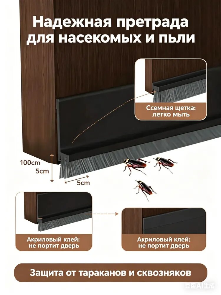 Уплотнитель для двери самоклеящийся 100см, щеточный порог от тараканов и пыли, защита от сквозняков и шума, черный дверной уплотнитель из ТПЭ