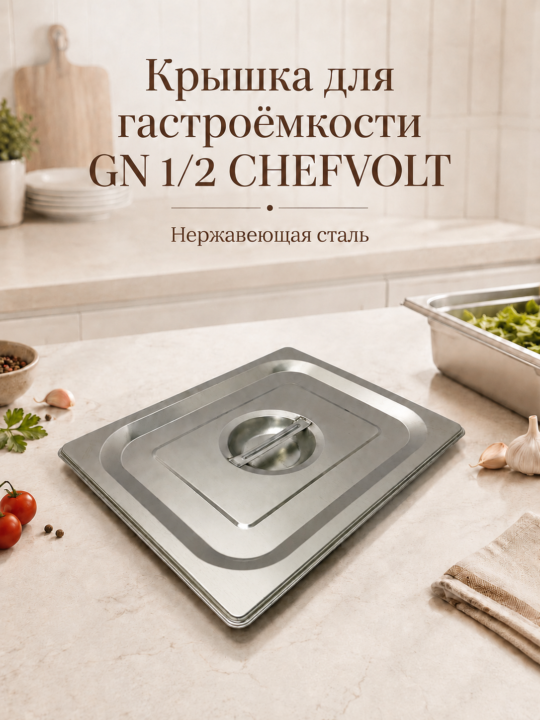 Крышка для гастроемкости GN 1/2, нержавеющая сталь CHEFVOLT