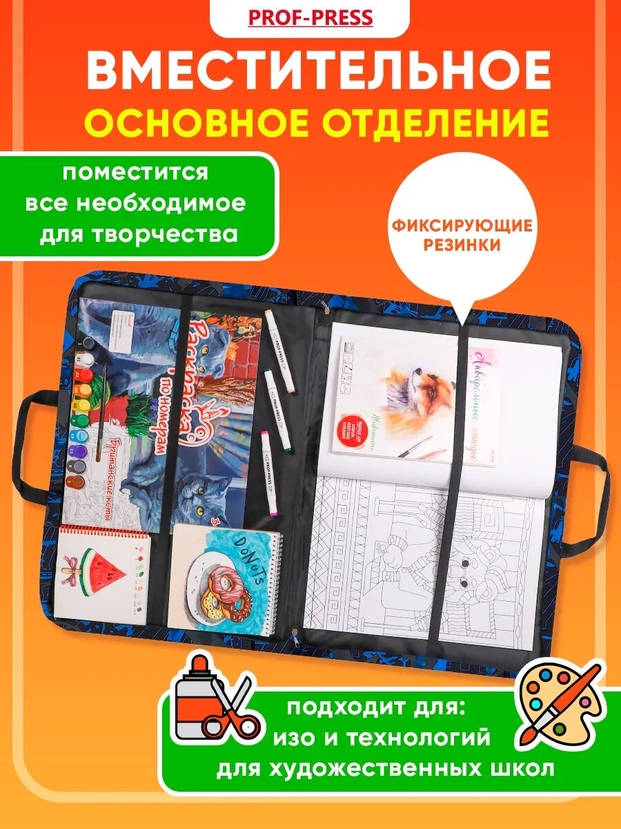 Папка-сумка художника Prof-Press, А2, текстиль, на замке, чёрный/синий — фото 1
