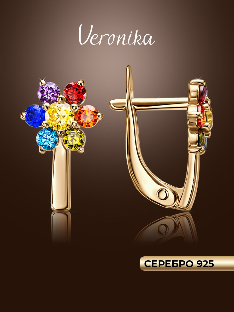 Серьги, серебро, 925 проба, золочение, фианит