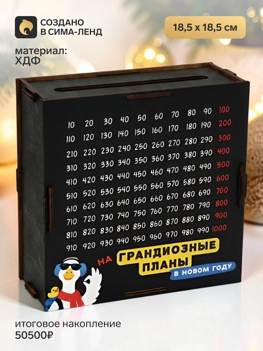 Копилка деревянная "На грандиозные планы в нг" 18.5x18.5 см, тип копилки: закрытый
