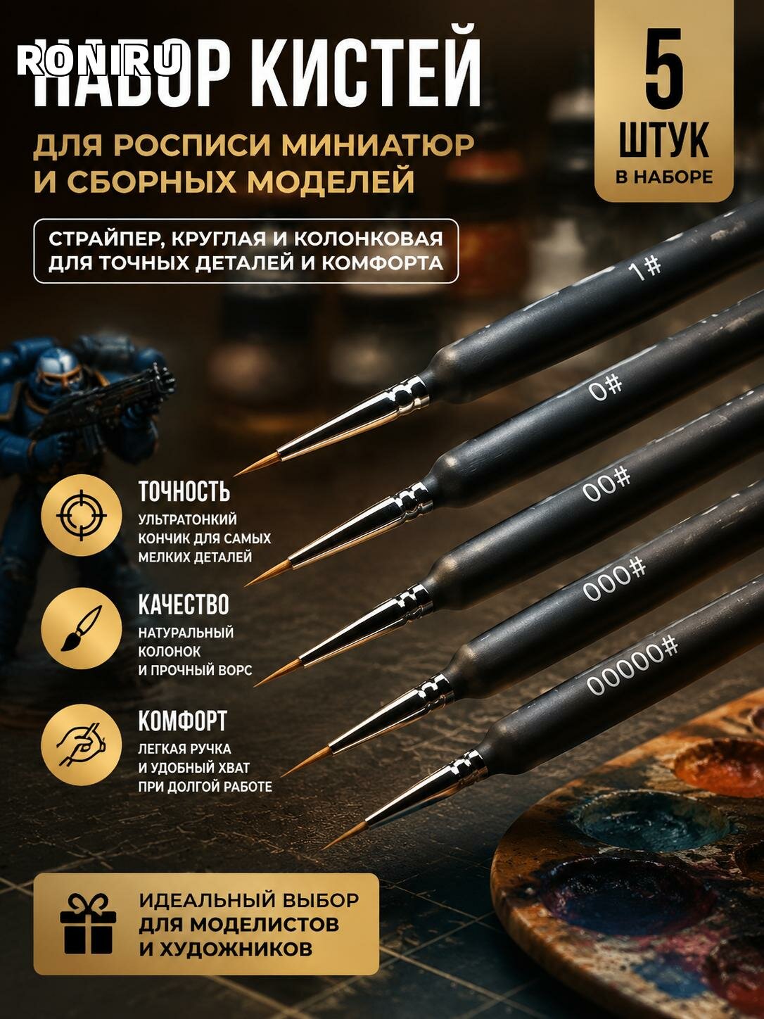 Набор кистей для росписи миниатюр и сборных моделей — страйпер, круглая и колонковая для точных деталей и комфорта