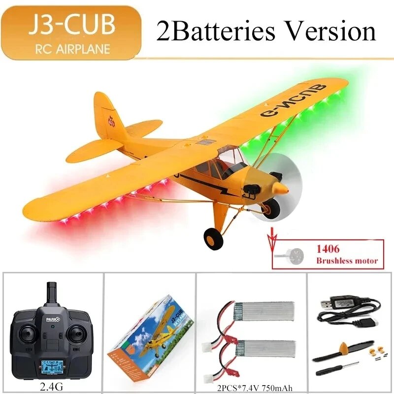 Радиоуправляемый самолет Parkten J3-CUB желтый и красный Brushless With LED1
