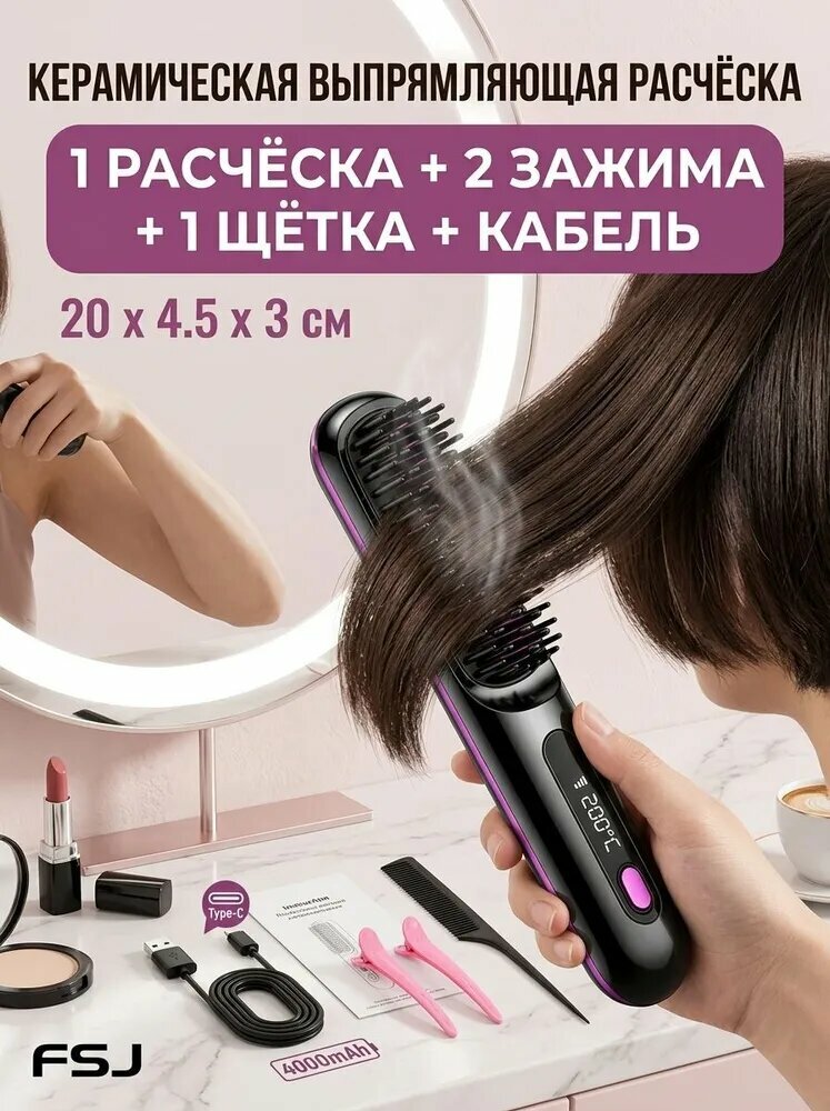 Мини-щетка для выпрямления волос, портативная беспроводная щетка для укладки с ЖК-дисплеем, 3 уровня температуры, зарядка через USB-C, керамические щетинки для укладки коротких волос.