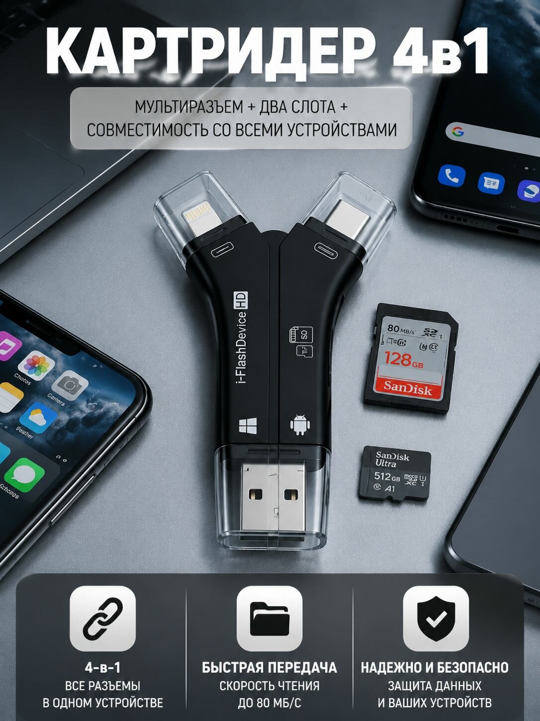 Картридер microSD Dewang CR43 - флешка для iPhone/iPad/Android (Lightning, Type-C, Micro USB, USB)